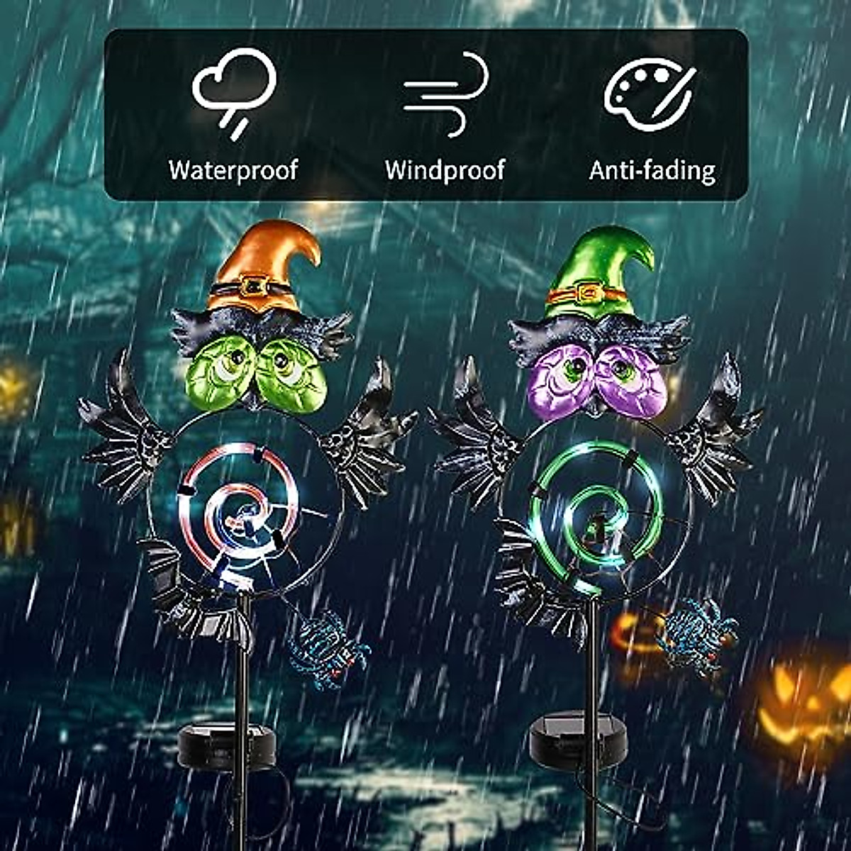 Viveta Halloween Solar Lights Outdoor, 2 Pack Halloween Solar Stake Lights Owl Decor with Led Lights for Pathway Garden Yard Patio