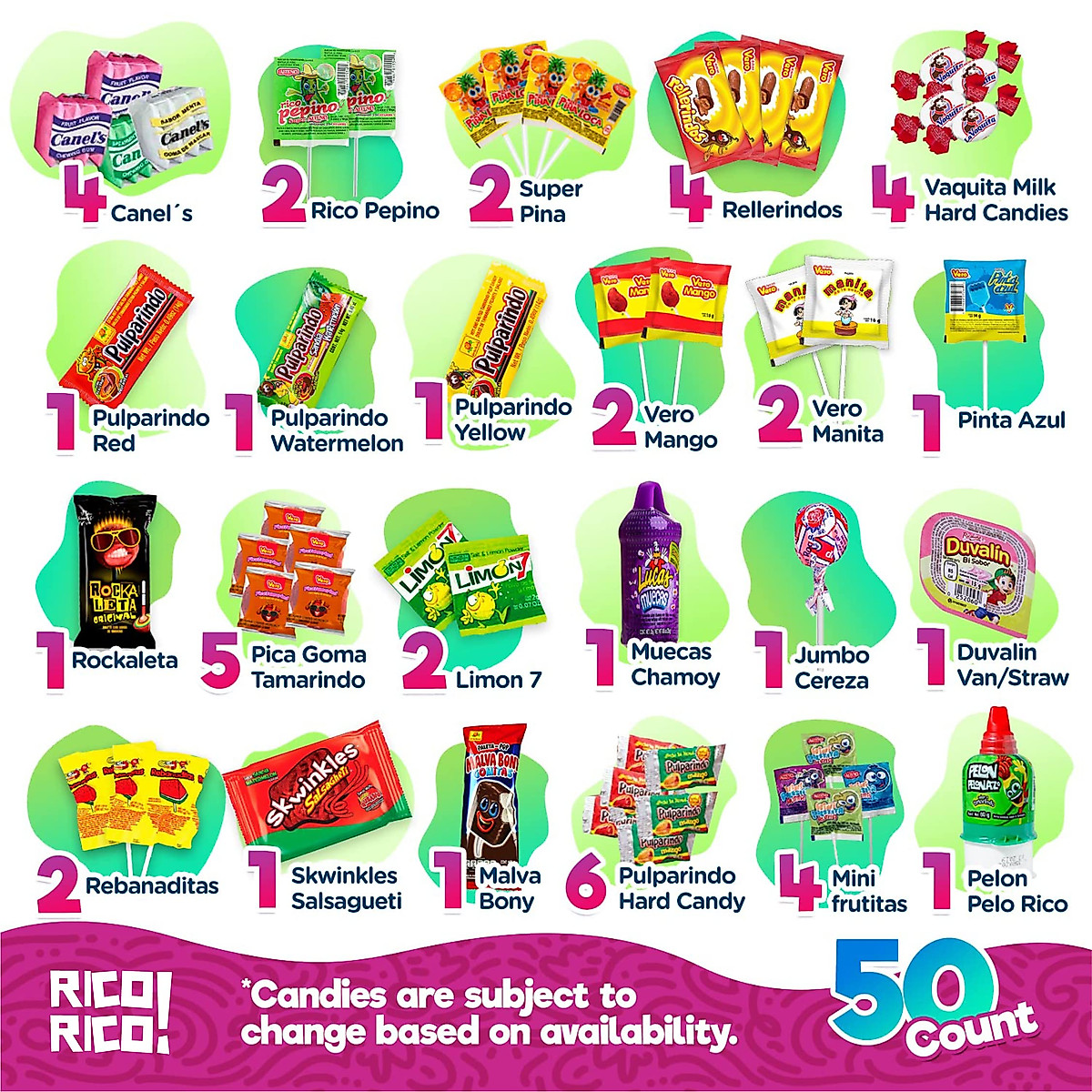 RICO RICO Mexican Candy 50 pcs - Dulces Mexicanos Surtidos, Mexican Snacks, Mexican Candies, Sweet and Spicy Candy Assortment Mix by RICO RICO