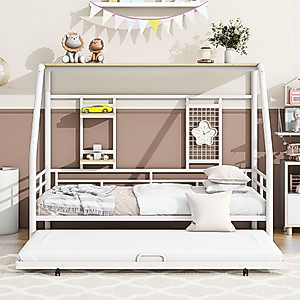 Linique Twin Size Metal House Bed with Trundle,Twin Size Platform Metal Bedframes with Built-in Shelf and Grid,White