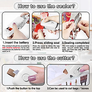 TYHJOY Mini Chip Bag Sealer, Handheld Heat Vacuum Sealer and Cutter, Portable Chip Bag Resealer Machine for Snack Plastic Fresh Bags Cookies - White - 2xAA Batteries Included