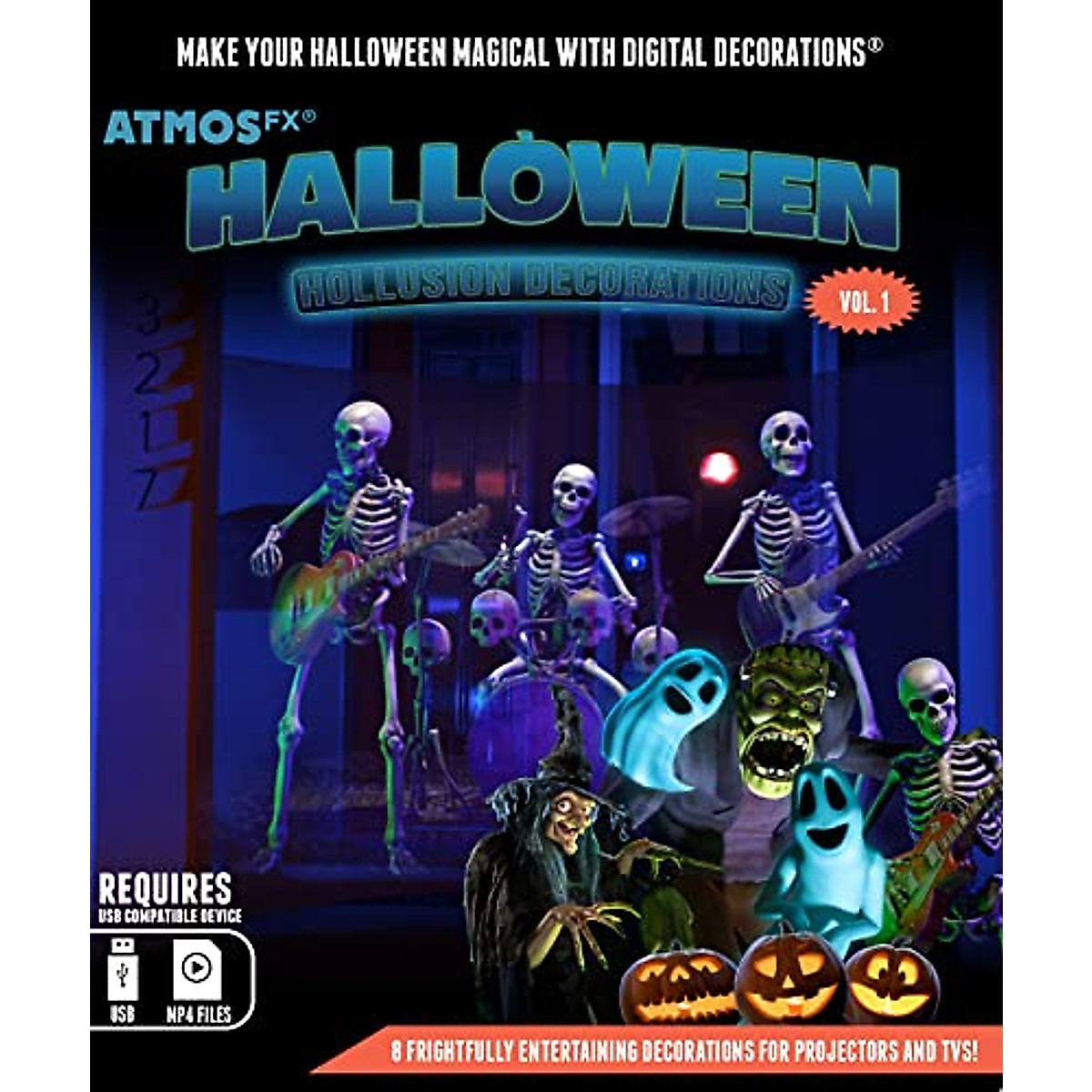 Reaper Brothers Halloween Hollusion Digital Decoration Kit Includes 8 AtmosFX Video Effects for Halloween Plus HD Super Bright Projector and 5.5' x 9' Holographic Projection Screen
