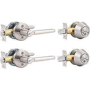 Front Door Entry Lever with Double Cylinder Deadbolts Combination Set, Satin Nickel Finish, Keyed Alike Exterior Entrance Lever Door Handle Set for Front/Back Gate Door, Pack of 2