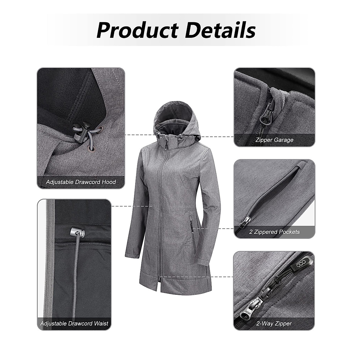 33,000ft Women's Waterproof Softshell Long Rain Jacket with Hood Fleece Lined Windproof Windbreaker