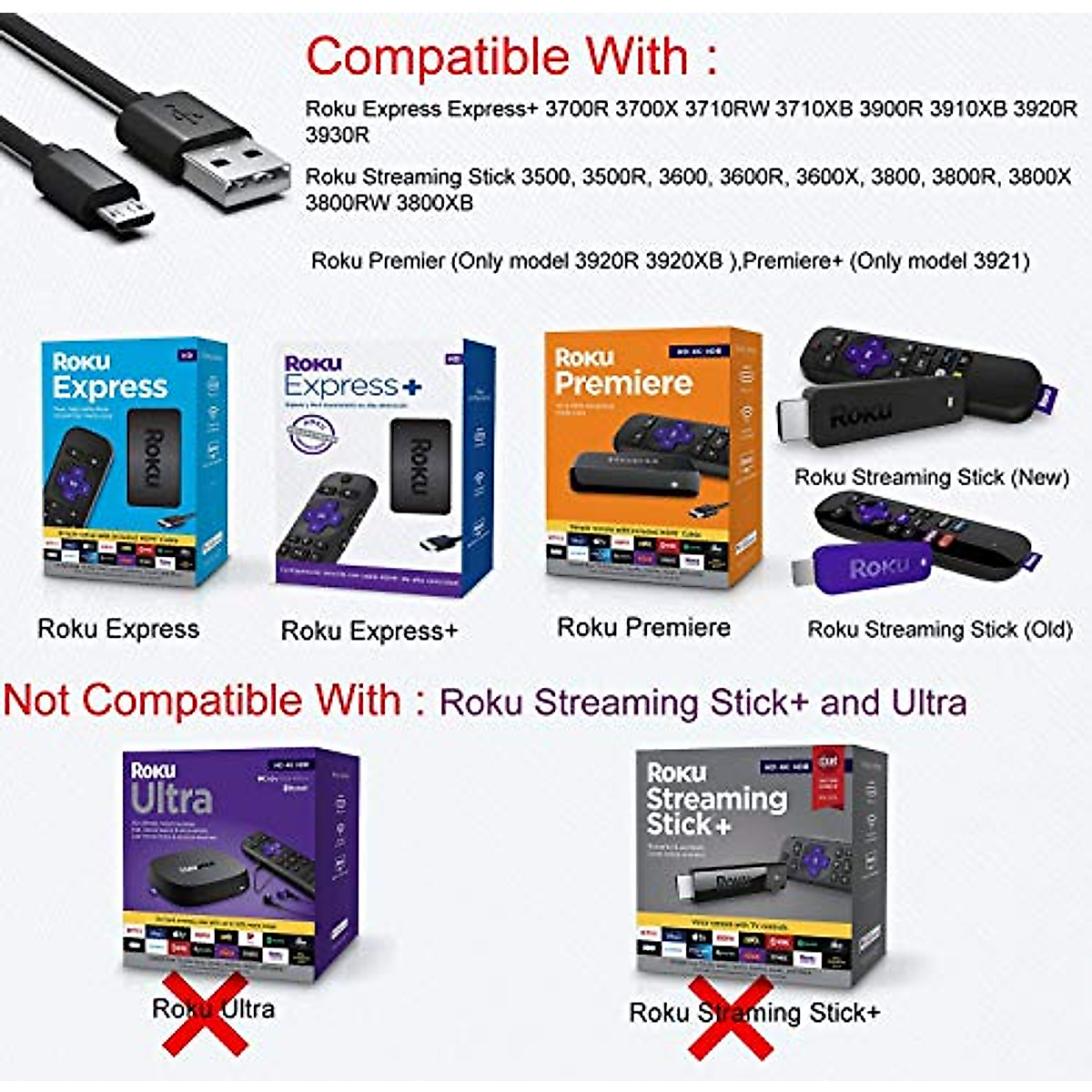 USB Power Cord Cable Fit for Roku Streaming Stick Express Premier 3500 3600 3800 3700 3710XB 3900R 3910XB 3920R 3930R 3920R 3920XB,Fire TV Stick,Intel Computer, Chromecast