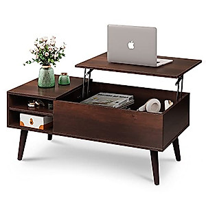 WLIVE Lift Top Coffee Table for Living Room,Small Coffee Table with Storage,Hidden Compartment and Adjustable Shelf,Mid Century Modern, Wood,Cherry,Espresso.