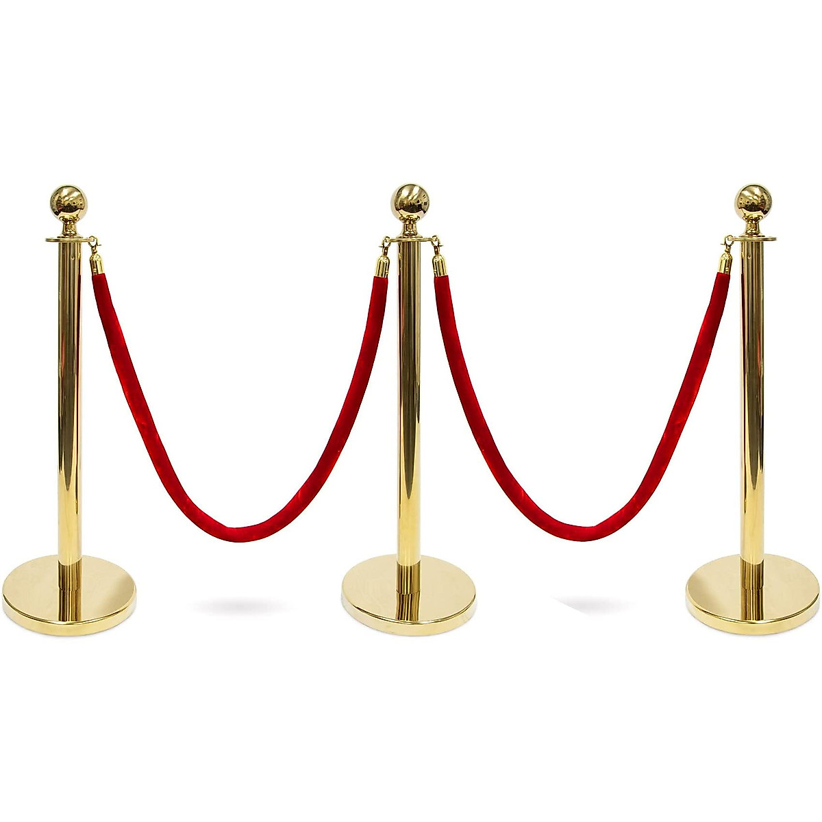Electriduct 3 Foot Gold Stanchion Posts with Red Velvet Rope Crowd Control Queue Line Pole Barrier Metal 3 Posts, 2 Ropes