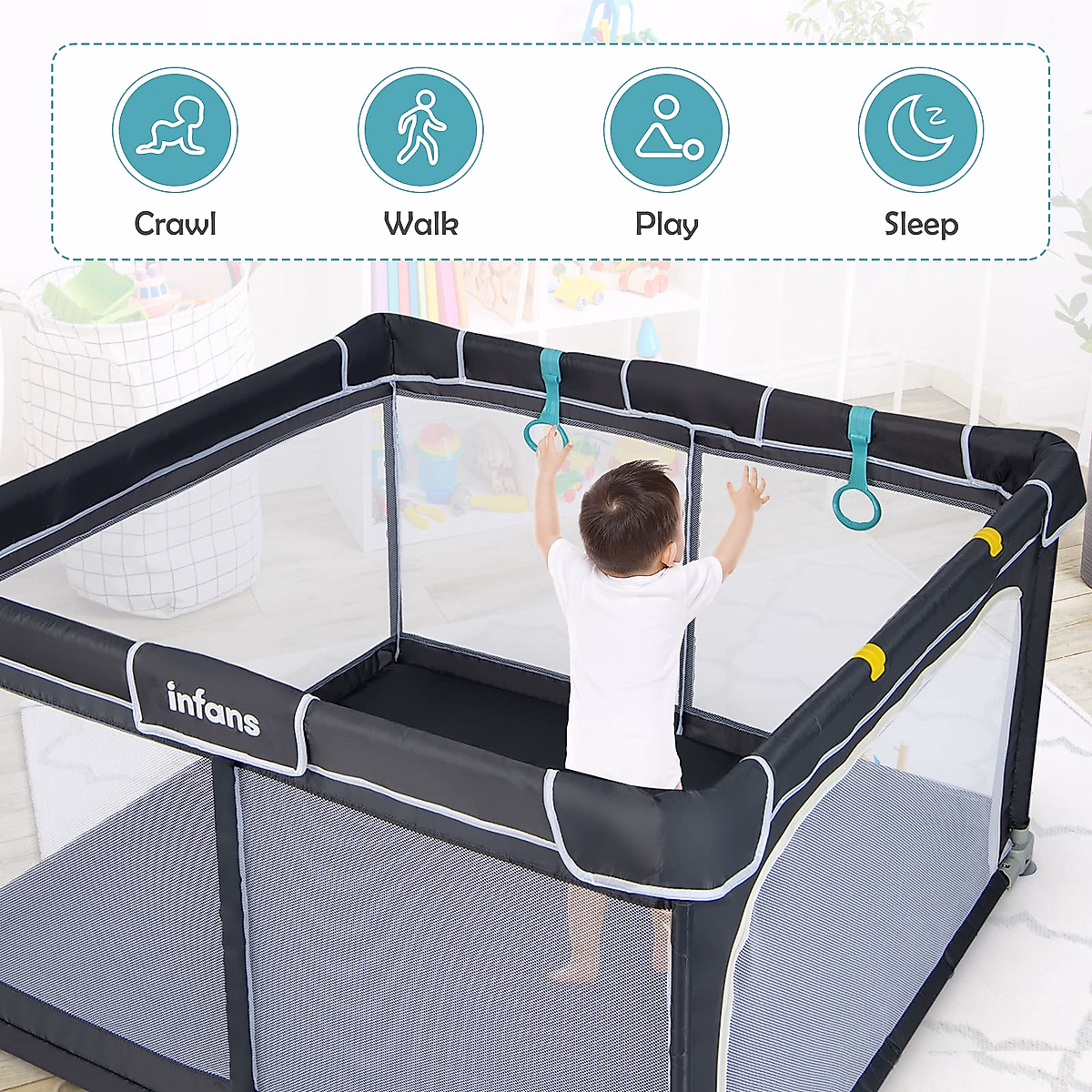 INFANS Baby Playpen, 50’’x50’’ Foldable Large Baby Playard for Toddlers with Gate, Soft Visible Mesh, Indoor Outdoor Kids Activity Center Baby Fence with 4 Handlers 50 Ocean Balls (Black)