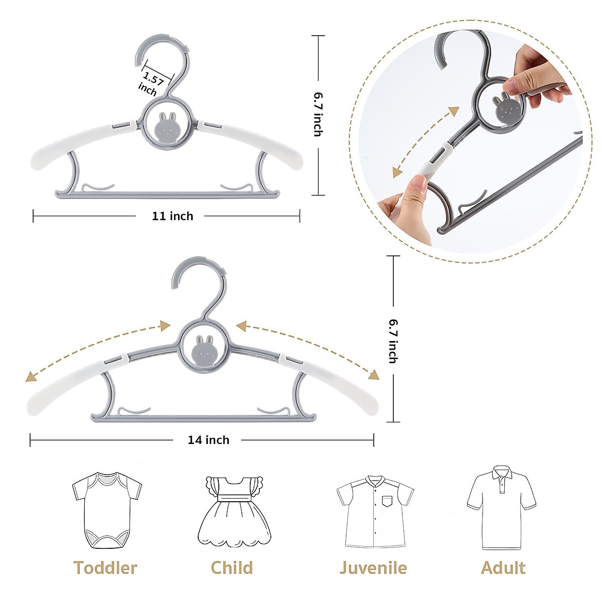 Baby Hangers, 60PCS Kids Hangers, Extendable & Stackable Baby Hangers, Grey Toddler Hangers for Baby Toddler Children Kids Teen, 11 14Inch Non-Slip Plastic Kid Hangers, Baby Clothes Hangers