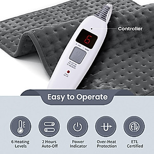 Electric Heating Pad 20"x24" for Back Pain Relife, Cramps, Neck and Shoulder, Moist/Dry Heat Therapy with Auto Shut Off Heating Pads, Holiday Christmas Gifts for Women Men Mom Dad, Gray