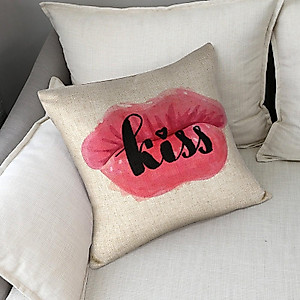 Pink Lipstick Watercolor Throw Pillow Covers 18×18 Pillowcases Set of 1 Kiss Valentine Mouth Linen Decorative Square Pillow Case Cushion Covers Standard Size for Sofa Couch Outdoor Bed Pillow Protecto