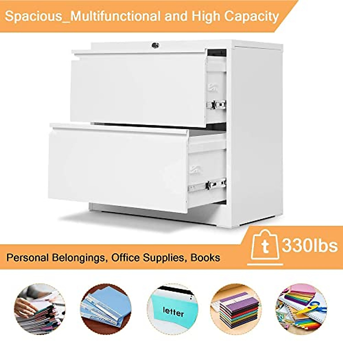 Aobabo 2 Drawer Lateral File Cabinet with Lock, White 28.25'' W Letter/Legal A4 Size Metal Storage Cabinet,Locking File Cabinet for Office,Folding Type Screwless Design,Assembly Required