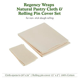 Regency Wraps Natural Pastry Cloth & Rolling Pin Cover Set, 100% Cotton Cloth & Pin Cover for Non-Stick Dough Rolling, 20x24" cloth with Sewn Edges,15" Rolling Pin Cover