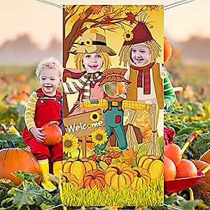 Thanksgiving Party Scarecrow Backdrop Decoration,Pumpkins Sunflower Photo Door Banner Cover Harvest Maple Fall Leaves for Autumn Thanksgiving Party Decor Favor Supplies