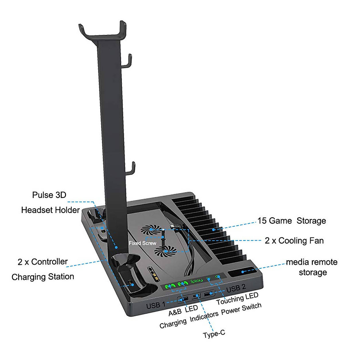 Vertical Stand for Playstation 5 with 2 Cooling Fan, 2 Charging Station for PS5 Digital/CD-ROM Edition Console with 15 Game Storage, 1 Pulse 3D Headset Holder, 1 Media Remote Storage (Black)