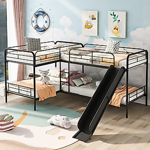 Rhomtree Twin Size L-Shaped Metal Corner Bunk Bed with Ladder and Slide, Space Saving & Easy Assembly, 4 Beds in 1 (Black)