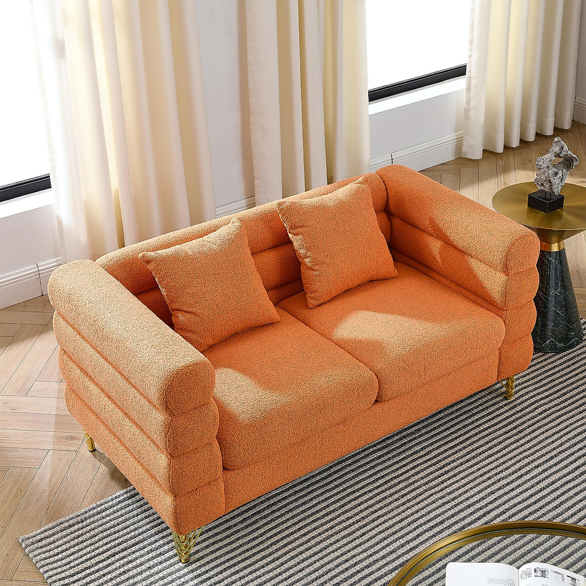 Deolme 60" W Teddy Orange Loveseat Sofa Couch with Firm Strcuture & Thicken Sponge Comfy Love Seat Couches Sleeper for Living Room Bedroom Small Spaces Mid-Century Modern Furniture