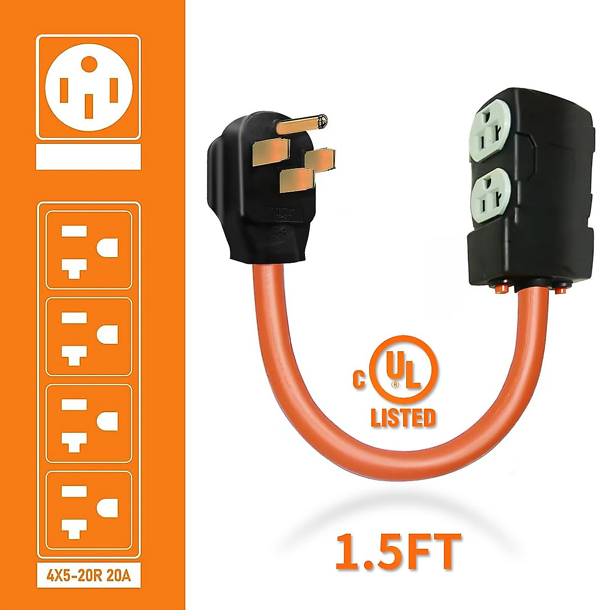 4-Prong Nema 220V 14-50p to 5-20R/15R Female Adapter Power Cord, Generator Cord with Surge Protector Breaker for 20V 15/20Amp Household Orange 1.5FT