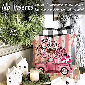 CARRIE HOME Pink Christmas Decor Pink Christmas Truck Tree Pillow Covers 18x18 Set of 2 Merry Christmas Outdoor Throw Pillows 18 x 18 for Porch and Couch (No Pillow Inserts)