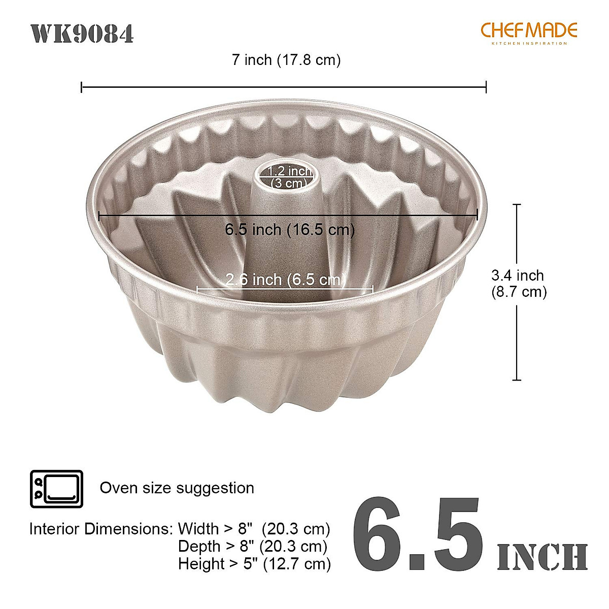 CHEFMADE Tube Cake Pan, 6.5-Inch Non-Stick Vortex-Shaped Tube Pan Kugelhopf Mold for Oven and Instant Pot Baking (Champagne Gold)