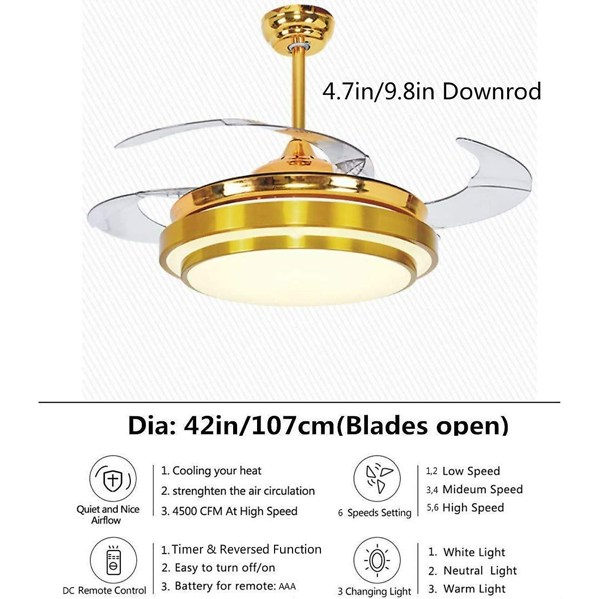 Lighting Groups 42" Retractable Reversible Ceiling Fans with LED Light Remote Control 4 Invisible Clear ABS Blades Livingroom Diningroom Fan Chandelier Indoor Ceiling Light Kits with Fans (Gold-01)