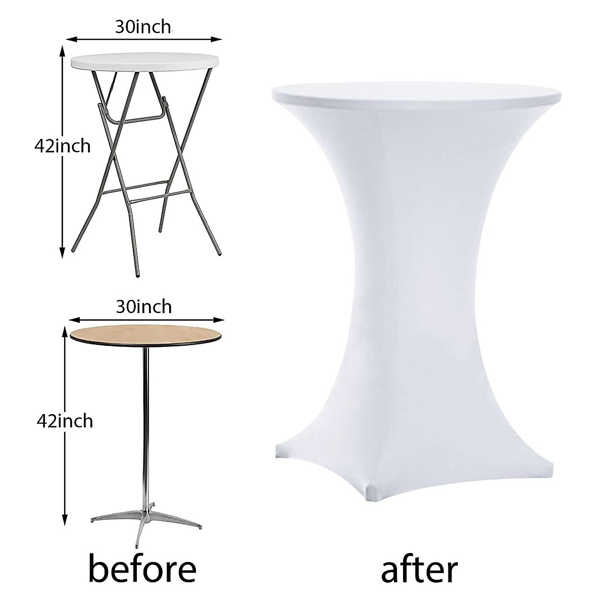 Tina's 2 Pack Spandex Cocktail Table Covers White 30x42 Inch, Fitted Stretch Cocktail Tablecloth for Round Tables (2PC 30X42 White)