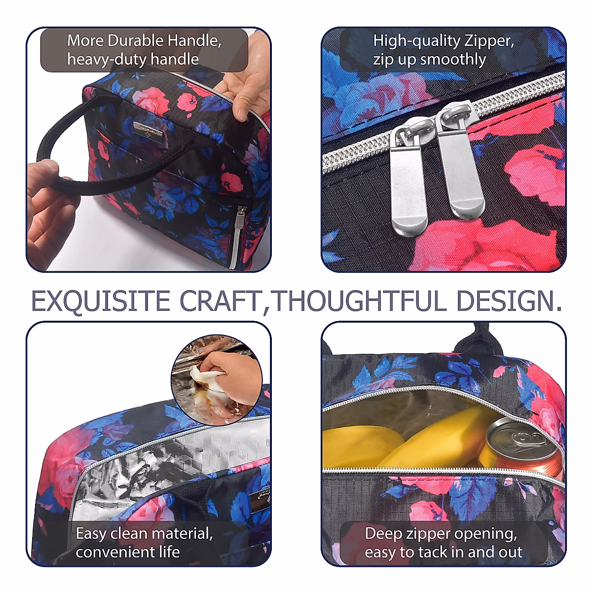 Lunch Bags For Women,Insulated Lunch Box Tote Bag Lunch Organizer Lunch Holder For Men/Beach/Party/Boating/Office/Fishing/Picnic (Black Rose)