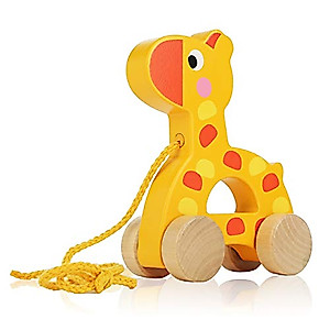 Adorable Giraffe Wooden Animal Pull Toy - Solid Wood Educational Baby Toy for Toddler Boys and Girls Age 18 Months, and Up - Classic Developmental Pull Toy