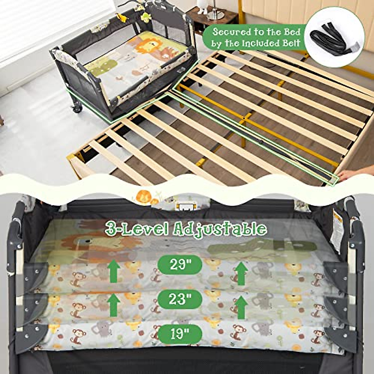 HONEY JOY Pack and Play, 4 in 1 Baby Bedside Sleeper w/Diaper Changing Table & Storage Bag, Toy Rack & Music Box, Portable Baby Playard with Bassinet, Carry Bag for Newborn to Toddlers (Gray)