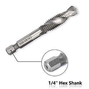 Saiper 6pcs Drill Tap Combination Bit Set (1/8''-3/8'') with 1/4" Hex Shank, HSS 4341 Drill Tap Countersink Screw Thread Bits