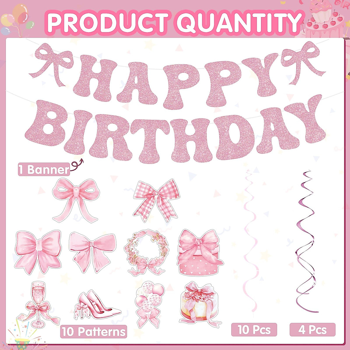 25 Pcs Coquette Birthday Decorations Glitter Happy Birthday Banner Pink Bow Hanging Swirls Pink Bow Birthday Decorations Bow Themed Party Decor for Baby Shower Girls Women Birthday Party Supplies