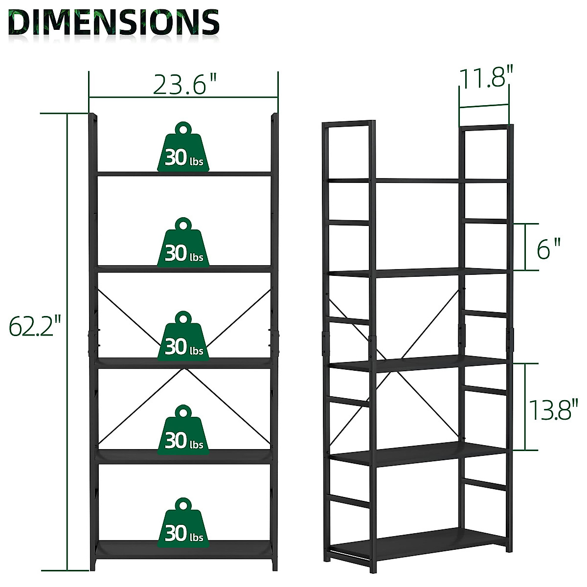 OTK 5 Tier Bookshelf, Tall Bookcase, Office Shelf Storage Organizer, Modern Book Shelf for Living Room, Bedroom, and Home Office, Black