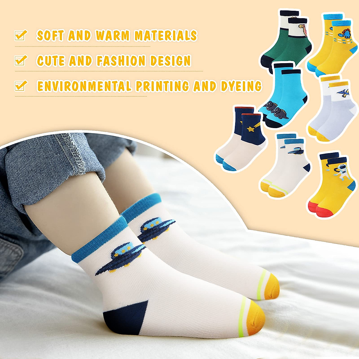 Mmkkhpy Toddler Little Kids Boys Fun Novelty Design Crew Cotton Socks 10 Pairs (5-8 Years, Dino Rocket)