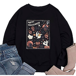 UNIQUEONE Womens' Oversized Halloween Sweatshirt Vintage Halloween Doodles Sweatshirts Hocus Pocus Long Sleeve Crewneck Tops Black