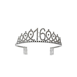16th Birthday Decorations for Girls，Silver 16 Birthday Crown Tiara ，Cake Topper, Birthday Sash with Peal Pin and Birthday Candles Kit,16th Birthday Gifts for Girls