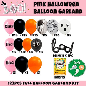 Pink and Black Halloween Balloon Garland Arch Kit, BOO Ghost Orange Black Balloons for Cute Girls Spooky Birthday Party Decorations