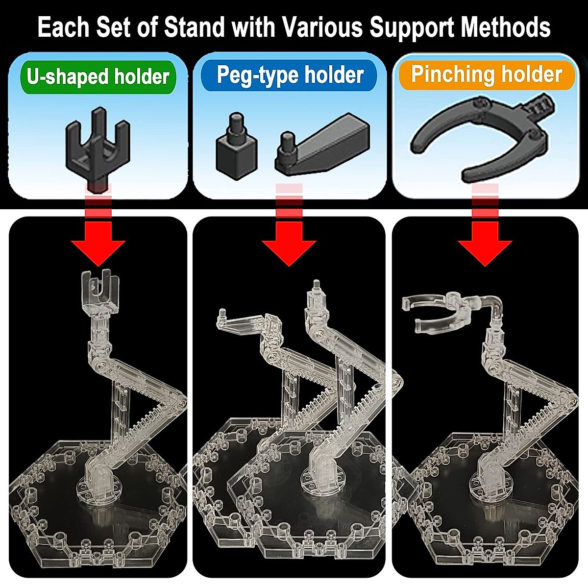 TWKUPWO Hobby Model Action Base Display Stand, Gundam Model Stand Action Figure Stand Compatible with MG RG HG Universal Models Stand (Transparent 3 Sets)
