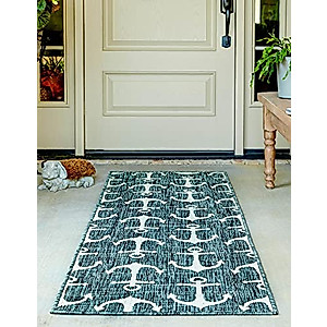 Unique Loom Outdoor Coastal Collection Abstract, Nautical, Anchor, Contemporary, Beach Area Rug (2' 0 x 7' 10 Runner, Teal/Ivory)