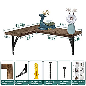 YSBYWSYR Corner Floating Shelves Wall Mounted, Set of 4 Rustic Wood Hanging Shelf for Bedroom, Living Room, Bathroom, Kitchen, Office and More