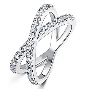 MDFUN 18K White Gold Plated Rhodium Cubic Zirconia Band Cross X Ring for Women Engagement Wedding (6.5)