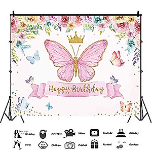 XLL Happy Birthday Theme Photography Backdrops Butterfly Pink Rose Flower Crown Photo for Fairy Princess Girl Birthday Party Decoration Banner Studio Cake Table Floral Background 5x3ft