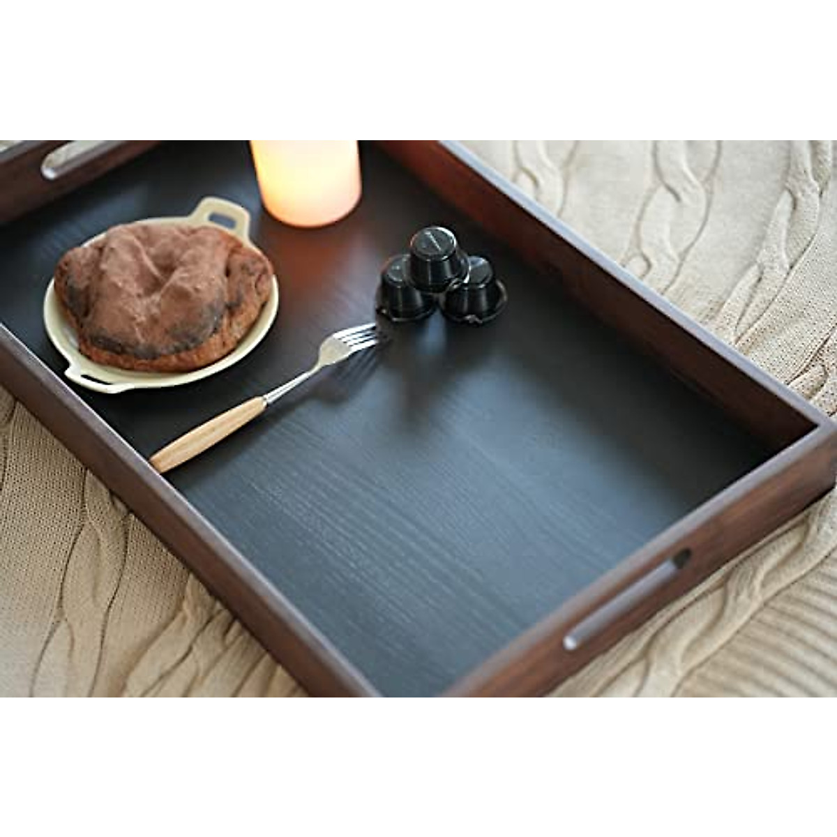 CRAZYWOOD 22x13 Inches Walnut with Carry Handle Black Ottoman Tray Serve Tea Coffee or Breakfast in Bed Classic Wooden Decorative Serving Tray