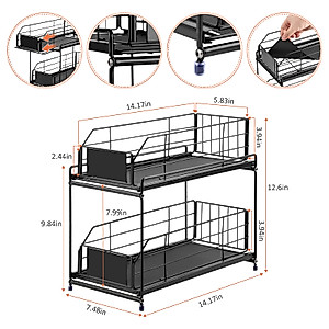 MOOACE 2 Pack Sliding Cabinet Basket Organizer, Bathroom Organizer Under Sink Shelf, Under Kitchen Cabinet Organizer, 2 Tier Multi-purpose Under Sink Storage Rack, Black