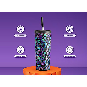Meoky 24 oz Halloween Tumbler with Lid and Straw, Stainless Steel Vacuum Insulated Tumbler, Keeps Cold for 24 Hours, 100% Leak Proof, Fits in Car Cup Holder (Black Skull)