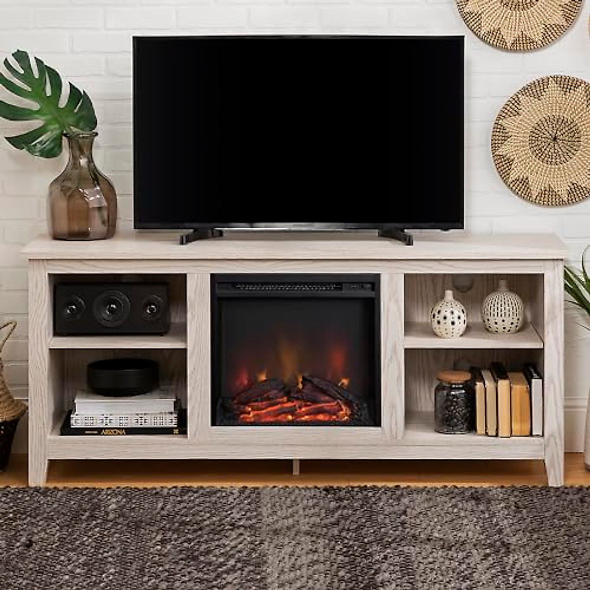 Walker Edison Wren Classic White Wash TV Console for 65 + Inch Television Fireplace Entertainment Center, 58 Inch