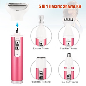 VOCOSTE Electric Razor for Women, 5 in 1 Electric Shaver for Women, Portable Rechargeable Hair Trimmer Wet and Dry Cordless Women Shaver Hair Remover for Face, Legs, Rose Red