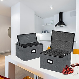 Wine glass Storage Box with Divider - China Storage Containers Hard Shell Stemware Storage Bins with Lids Holds 12 Wine Glass or Crystal Glassware Case, Stackable with Label Window (Dark Grey)