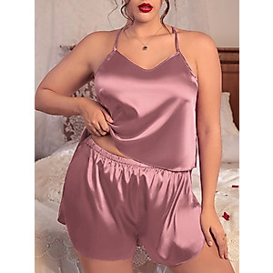 SWOMOG Women Plus Size Pajama Set 4pcs Silk Satin Sleepwear Button Down Pjs Cami Shorts Set Loose Loungewear 16W-26W Misty Rose