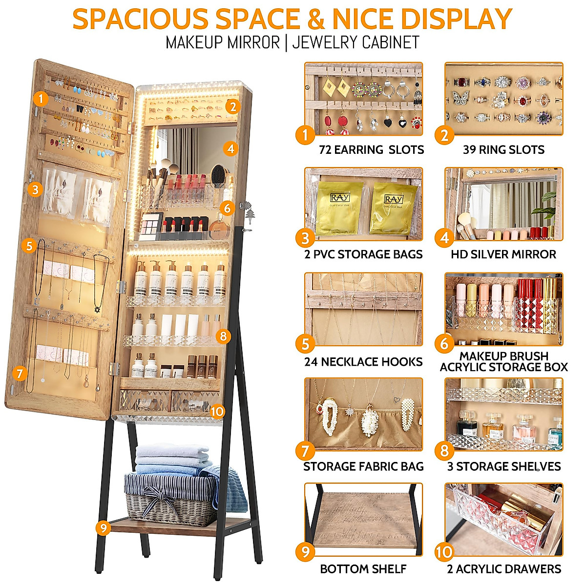 LVSOMT LED Standing Jewelry Mirror Cabinet, Stand Up Full Length Mirror with Storage, Lockable Floor Jewelry Armoire Organizer with 2 Drawers, Bottom Shelf, Built-in Lighted Makeup Mirror (Brown)