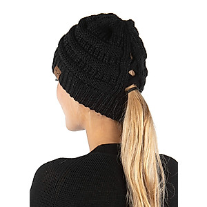 Funky Junque Criss Cross Hat Womens Beanie Tail Messy Bun High Ponytail Knit Cap - Black