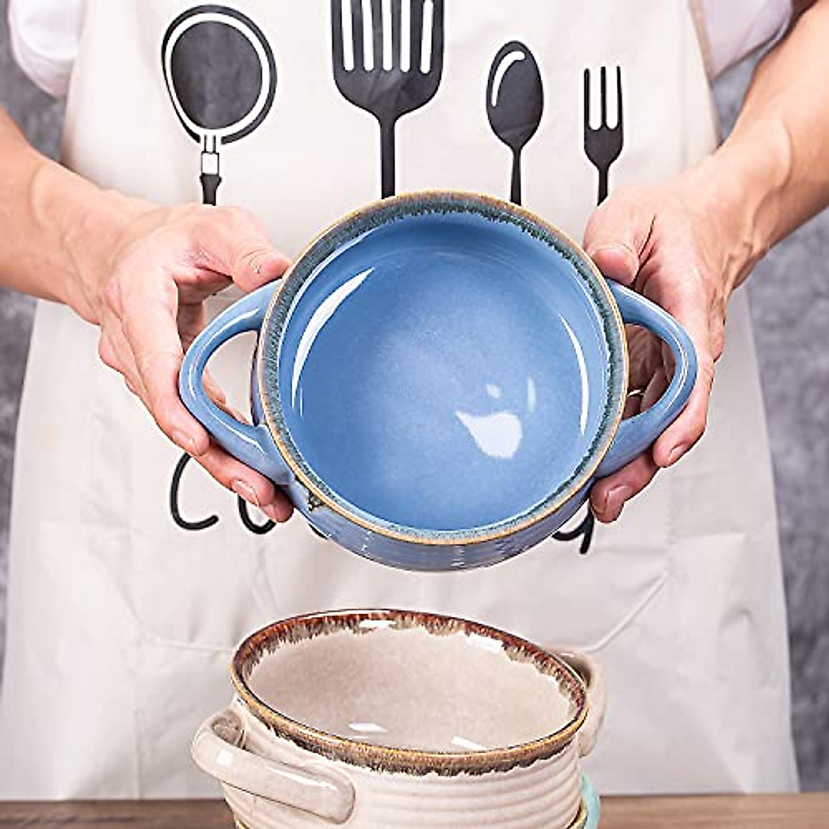 Cutiset 20 Ounce Fancy Glazed Ceramic Soup Bowls with Handles,for French Onion, Soup, Chili, Set of 4